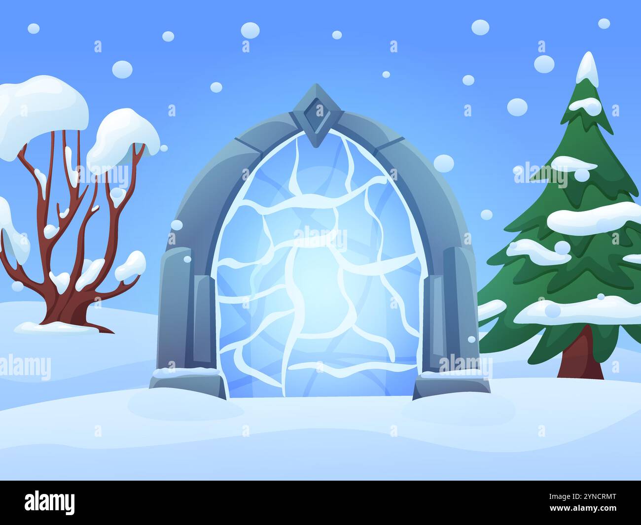 Winter snowy landscape with magic portal. Surreal world location, ice ...