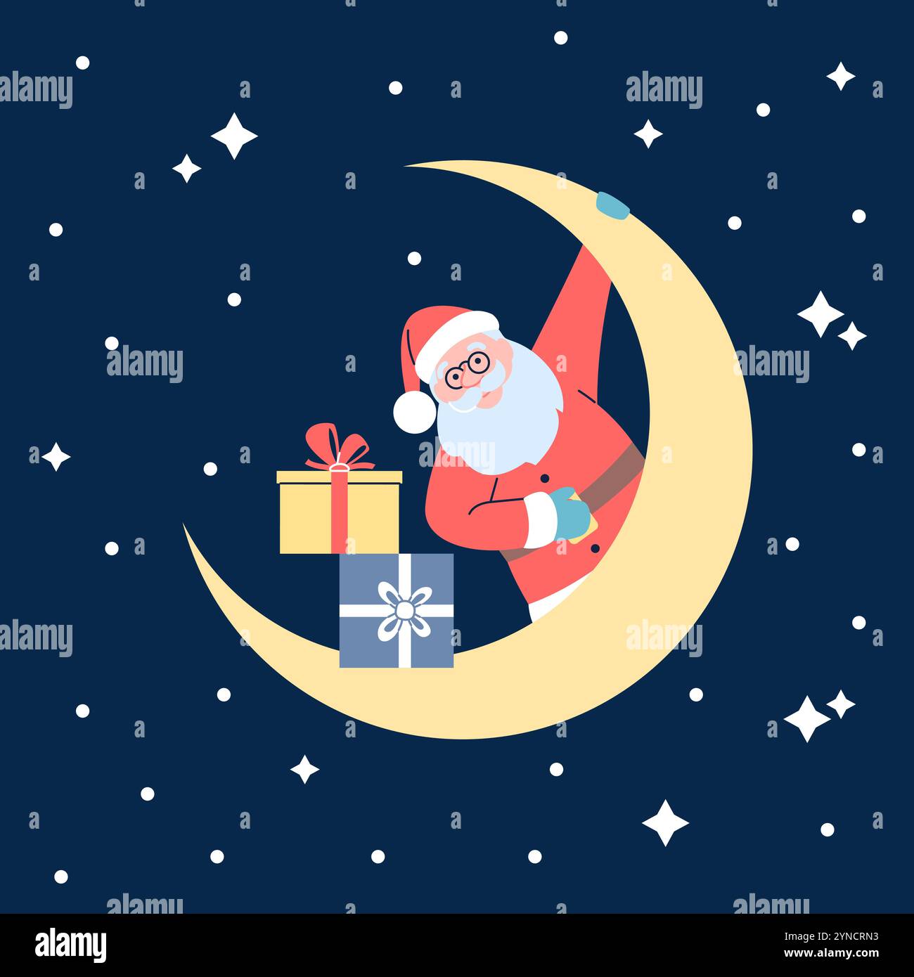 Merry Santa Claus on yellow moon with gifts. Night sky with stars and ...
