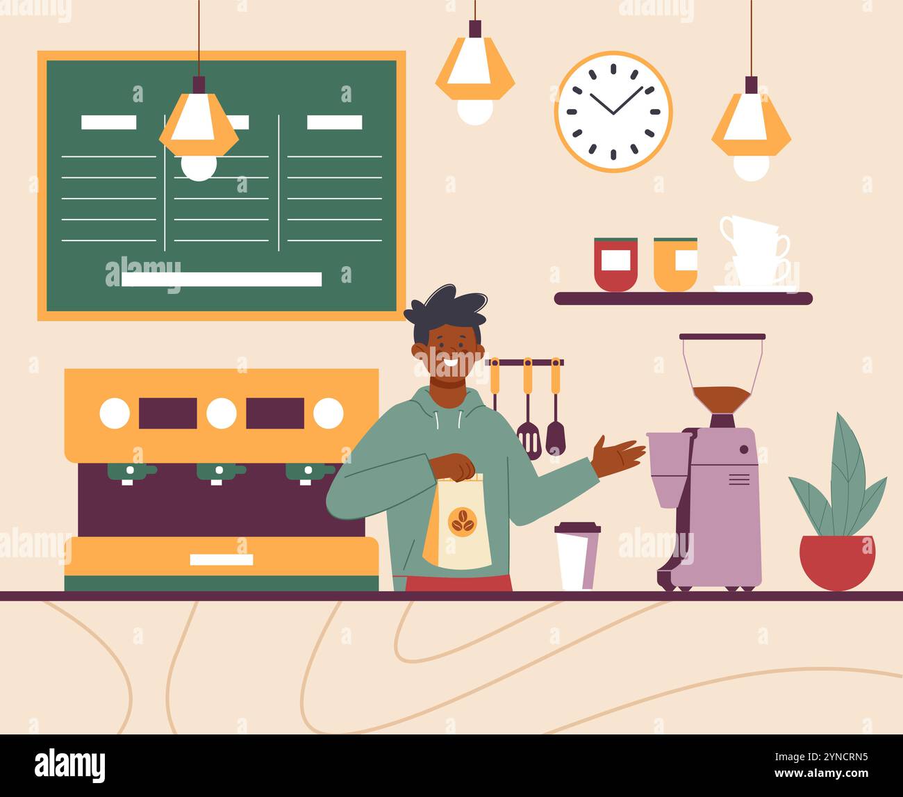 Barista at work. Positive student work in coffee shop or cafe and sale ...