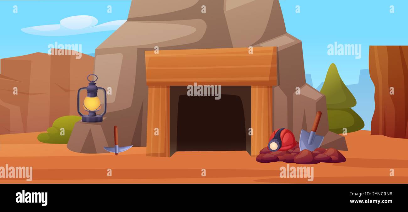 Entrance in mine cave in mountain. Mining tools, shovel pickaxe and ...