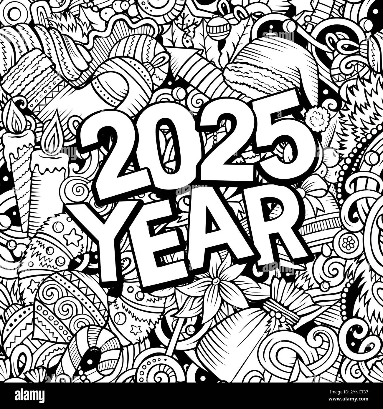 2025 doodles illustration. New Year objects and elements design ...
