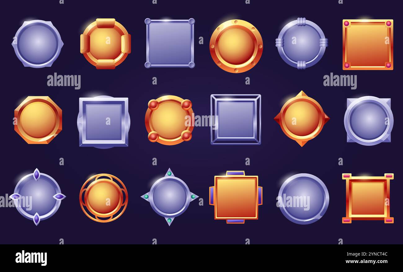 Game cartoon buttons. Round square steel effect frames, metal shine shields ui elements. Badges ...