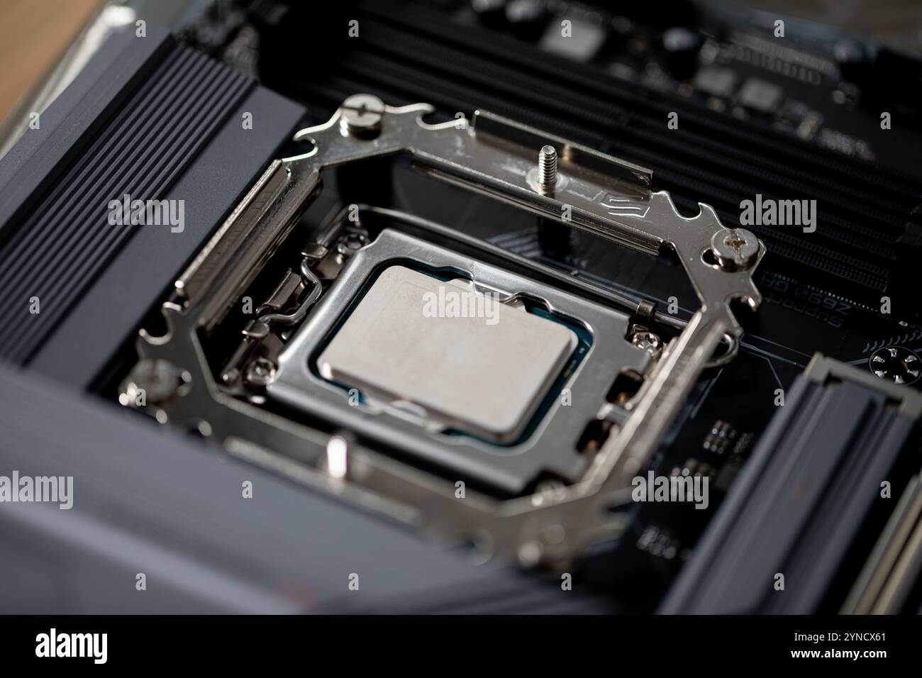 Detailed closeup view of the CPU Socket located on a highperformance ...