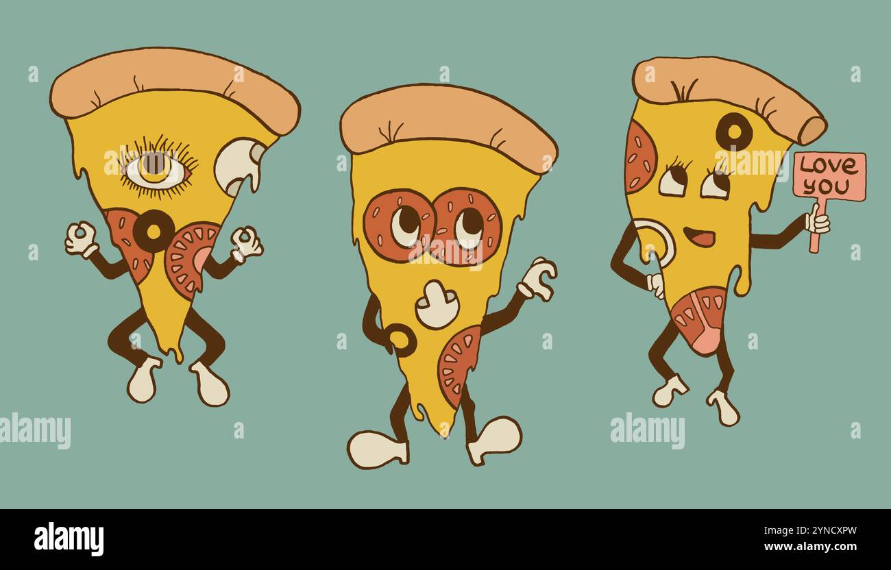 Groovy pizza slice doodle character set. Funny retro hippy pizzeria ...