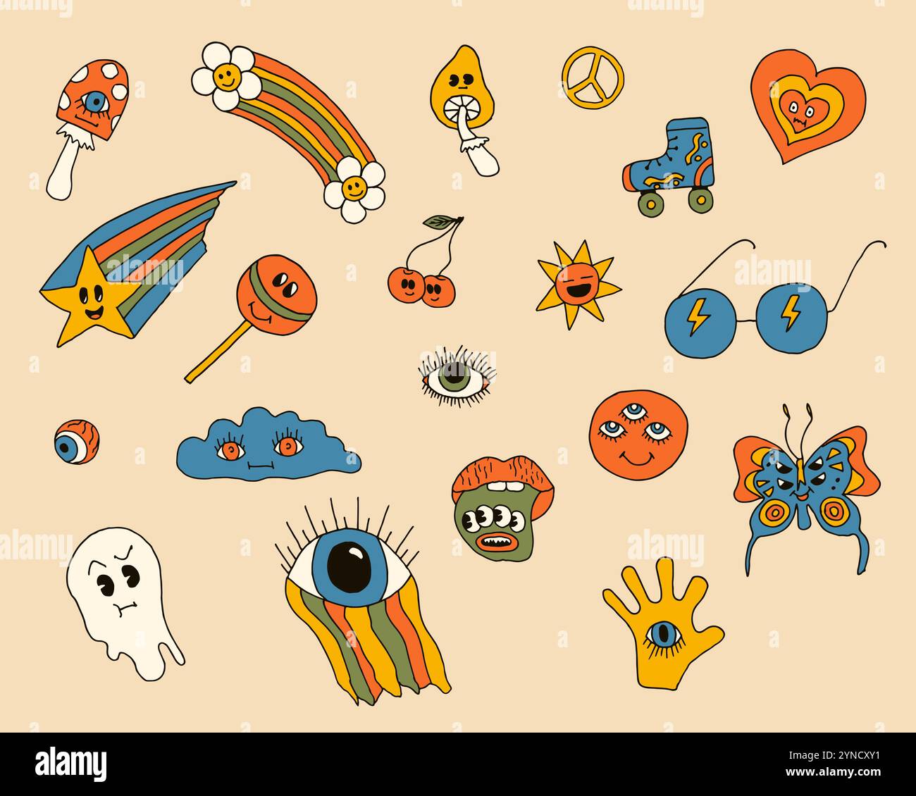 Retro 70s style aesthetic elements set. Groovy art vector collection ...