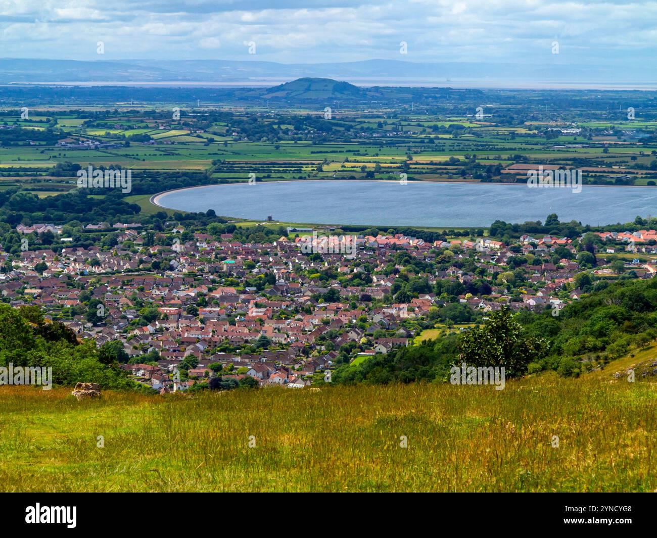 View of the town of Cheddar from Cheddar Gorge a tourist attraction in ...