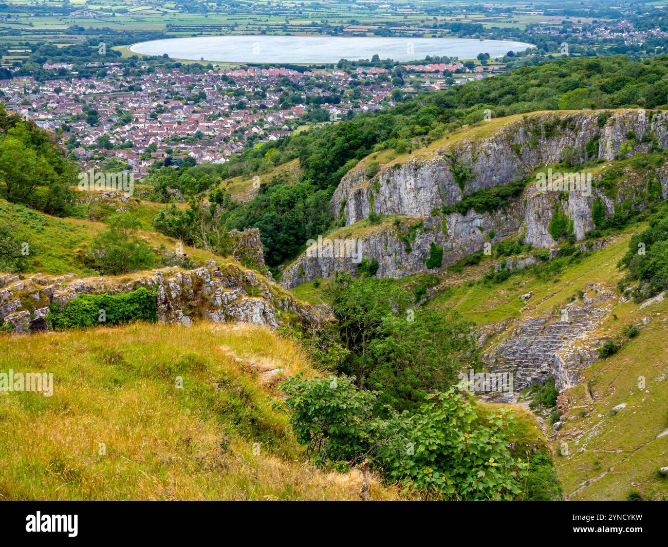 View of the carboniferous limestone cliffs at Cheddar Gorge a tourist ...