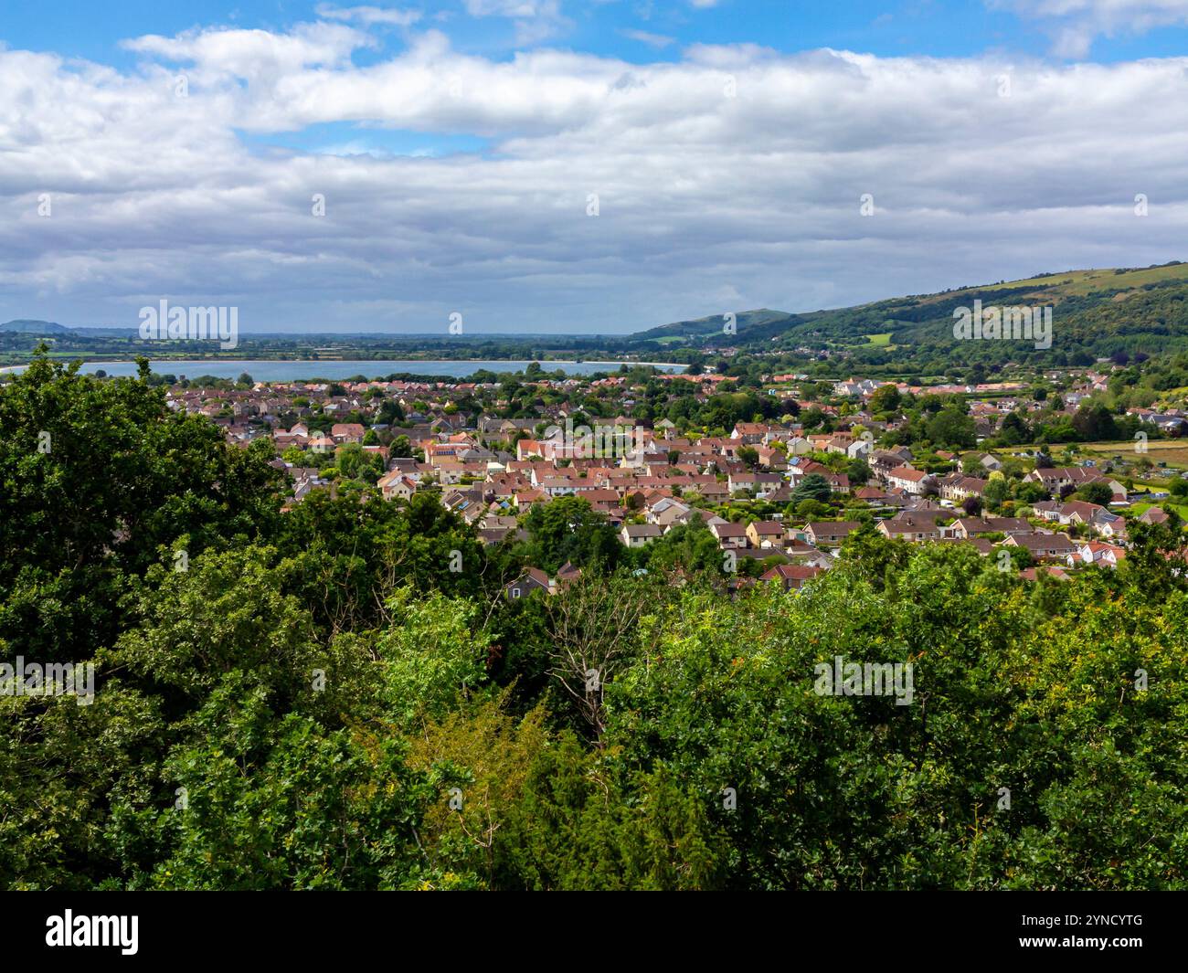 View of the town of Cheddar from Cheddar Gorge a tourist attraction in ...