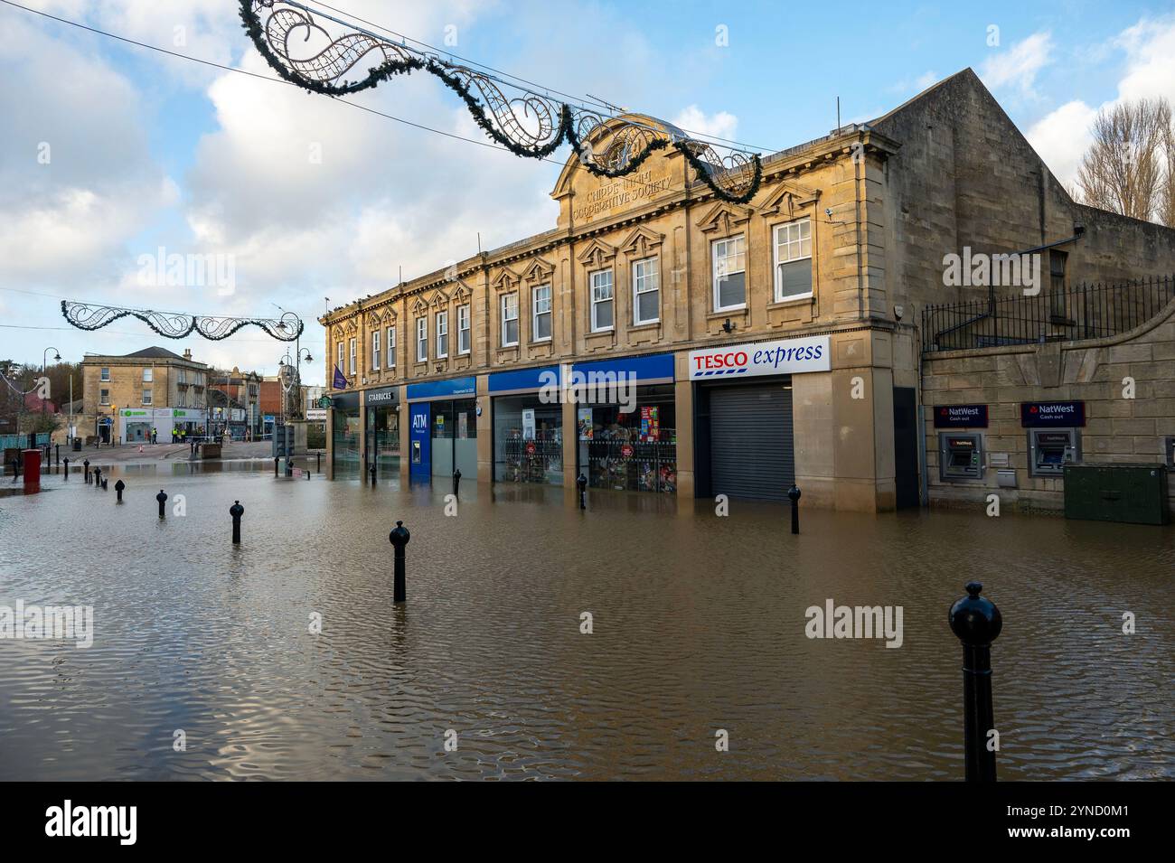 Flooding in the centre of Chippenham in Wiltshire where the River Avon ...