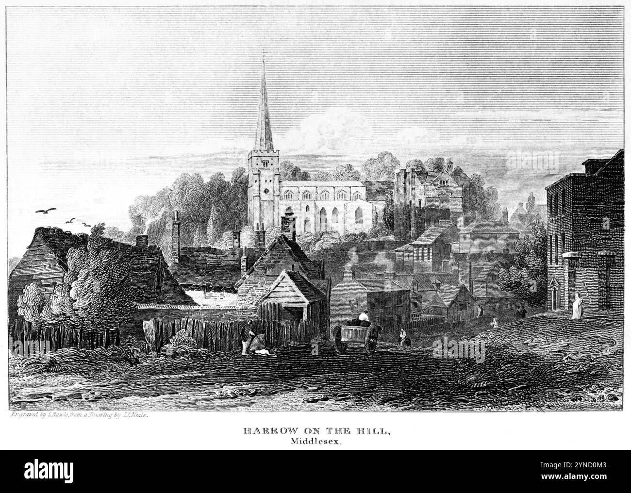 An engraving of Harrow on the Hill, Middlesex, England UK scanned at ...