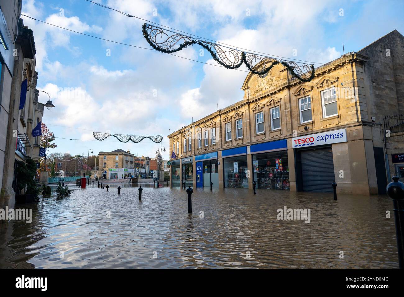 Flooding in the centre of Chippenham in Wiltshire where the River Avon ...