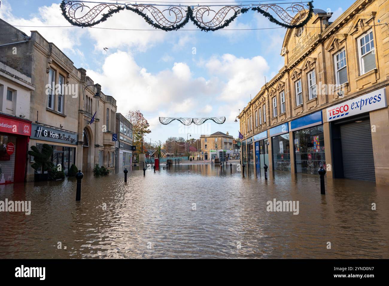 Flooding in the centre of Chippenham in Wiltshire where the River Avon ...