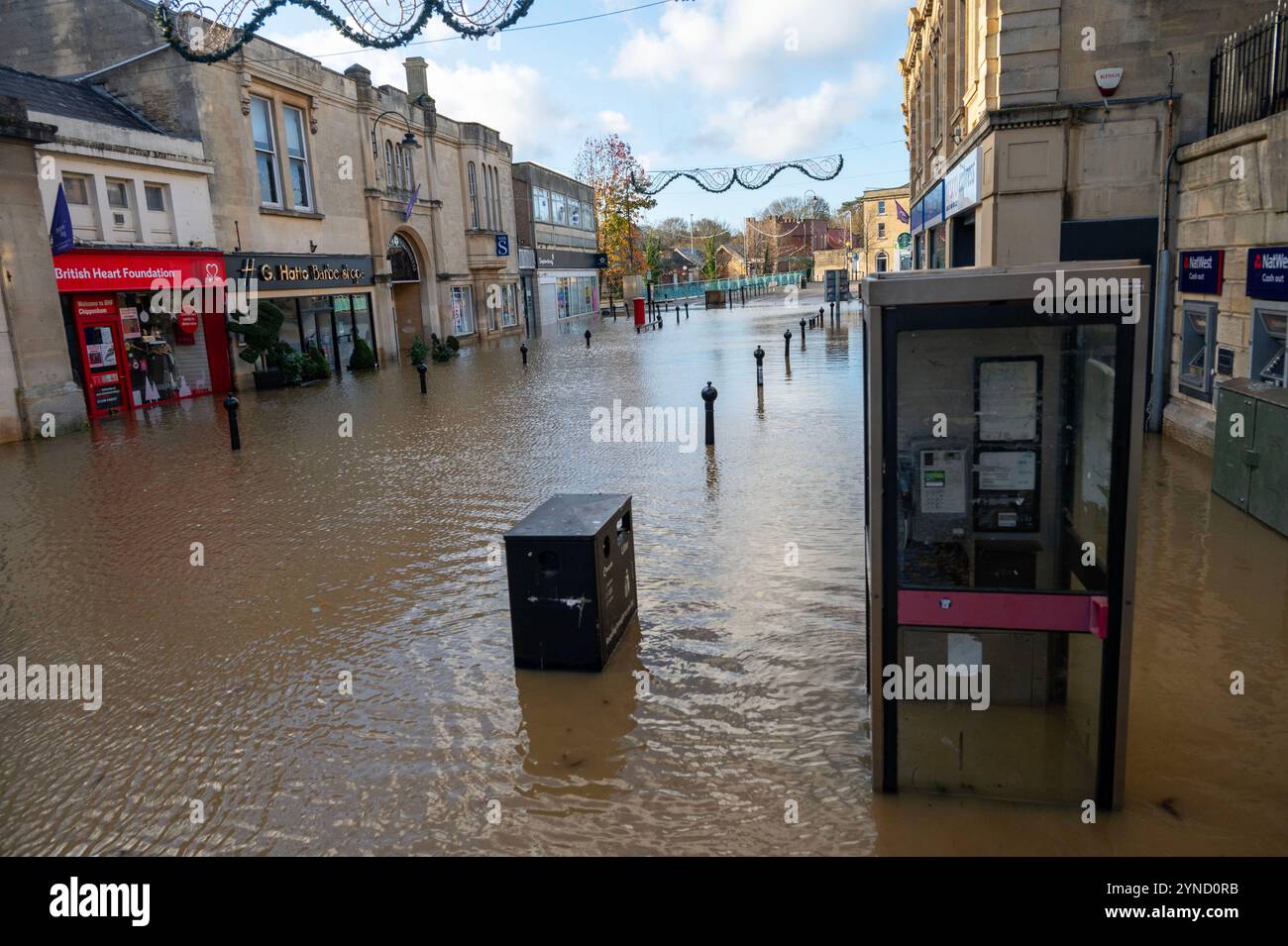 Flooding in the centre of Chippenham in Wiltshire where the River Avon ...