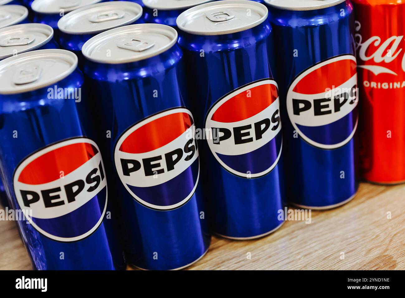 Kyiv, Ukraine - November 5, 2024: Close-up of neatly arranged Pepsi and ...