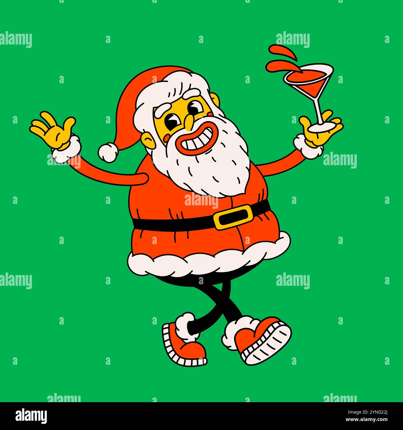 Happy Santa Claus with cocktail. Groovy vintage funny Santa character ...