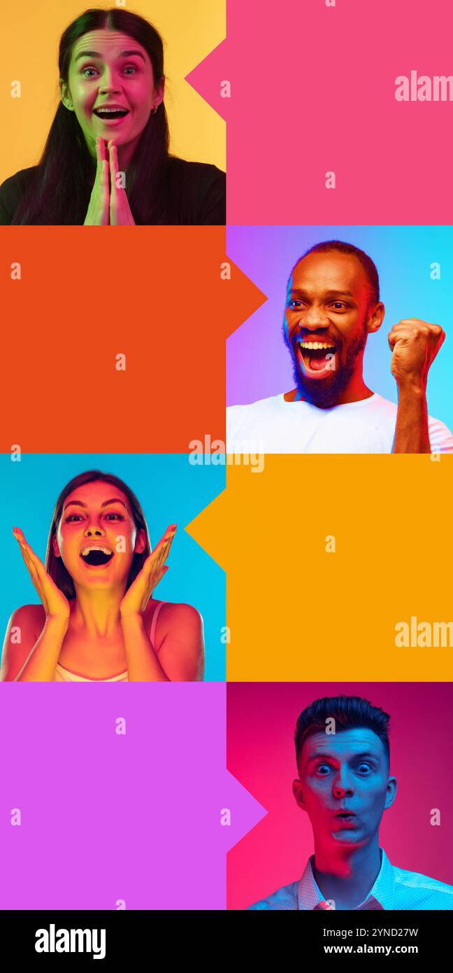 Vertical collage made of different people, men and women expressing ...
