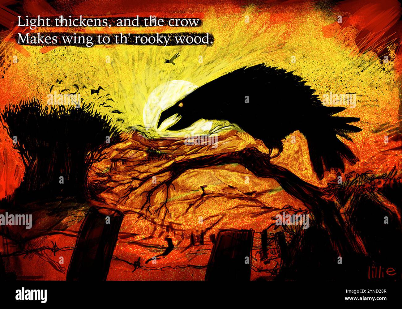 Art crow (bad omen/symbol of death) on tree against stormy sky ...