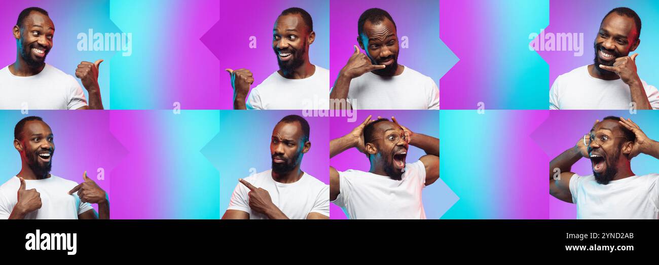 Collage made of same man expressing variety of emotions such as joy ...