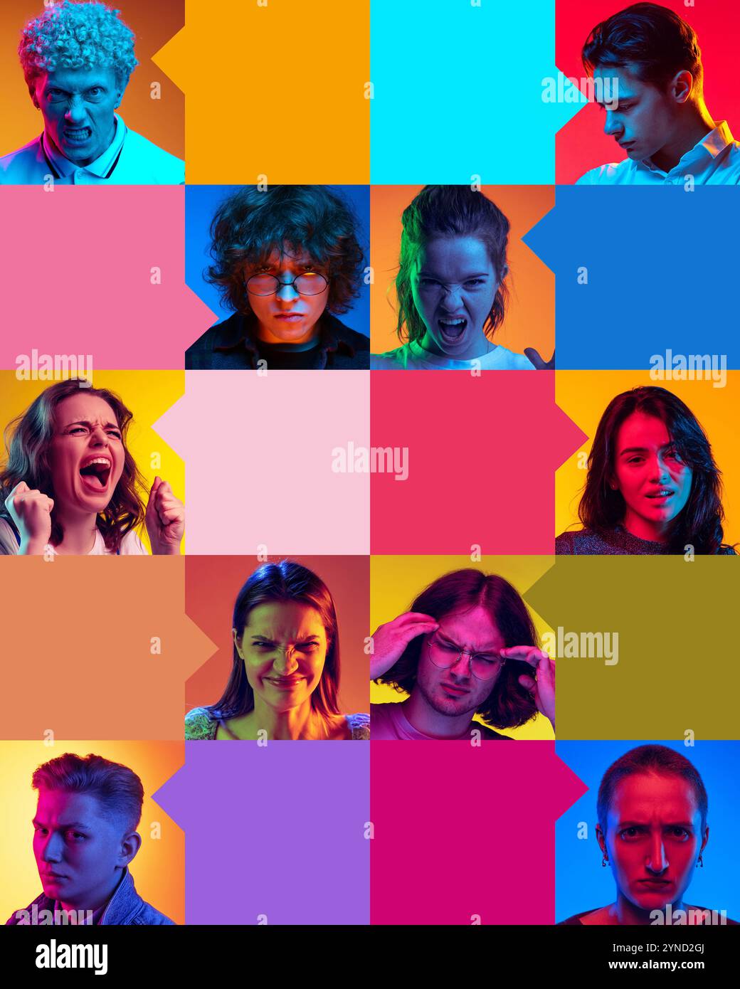 Collage. Group of people captured in moments of shock, surprise, and ...