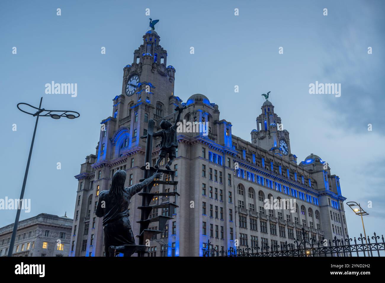 Looking up at the Blitz memorial in front of the Royal Liver Building ...