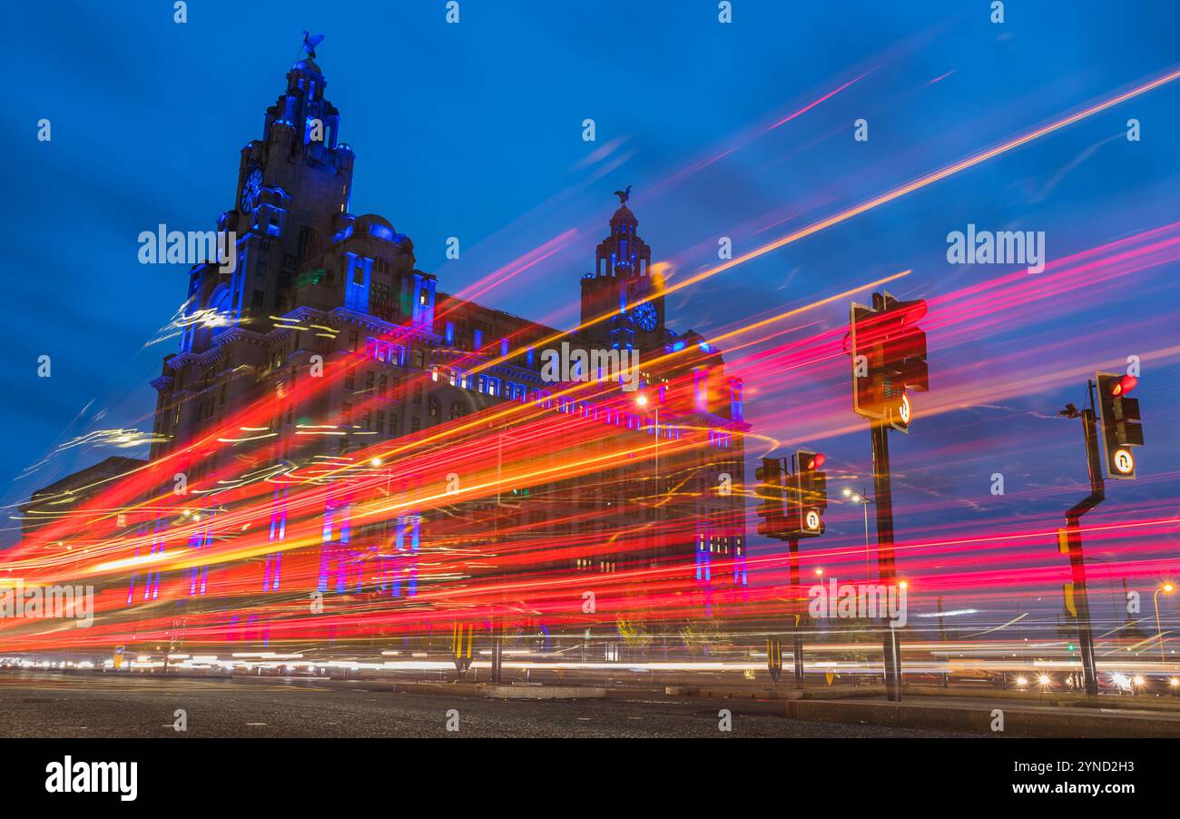 Vibrant traffic trails seen in front of the Royal Liver Building on the ...