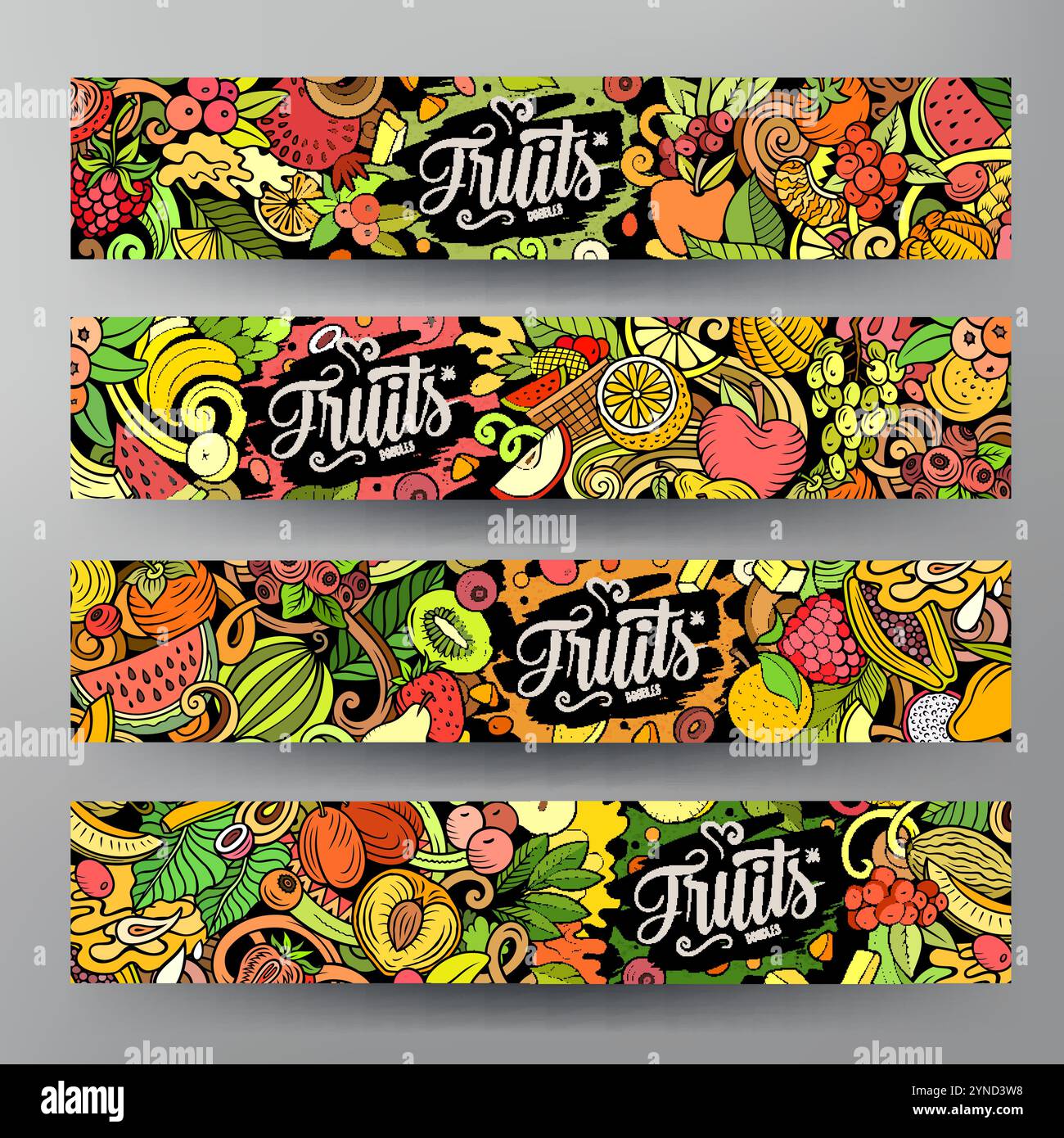Cartoon vector doodle set of Fresh Fruits banners templates. Corporate ...