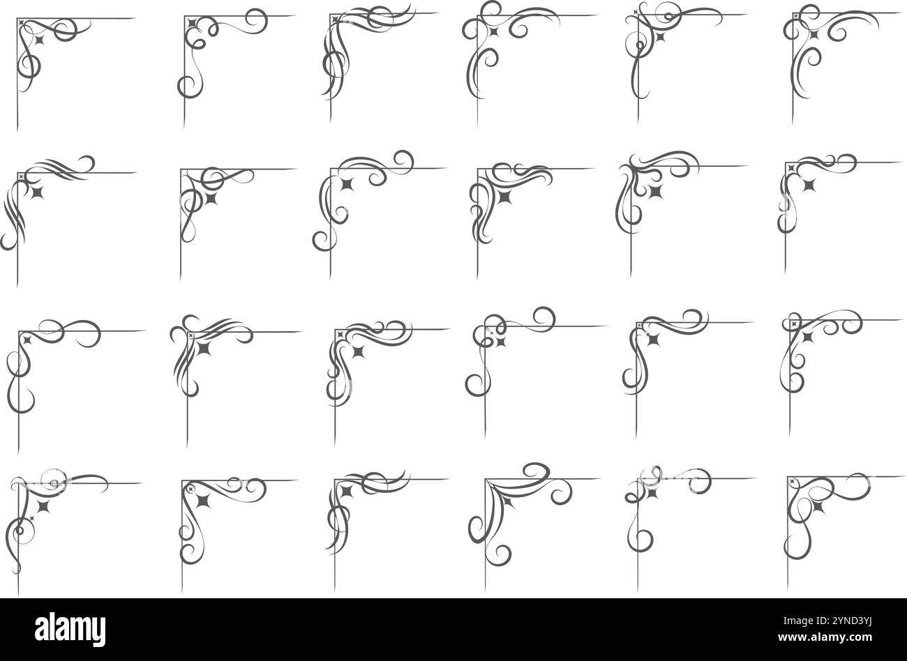 Filigree corner elements. Monochrome classic swirled corners set isolated vector illustration ...