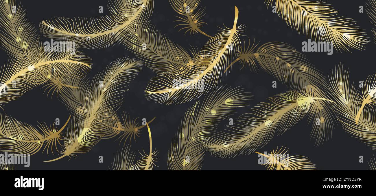 Golden feathers pattern. Glowing gold feather seamless background on ...