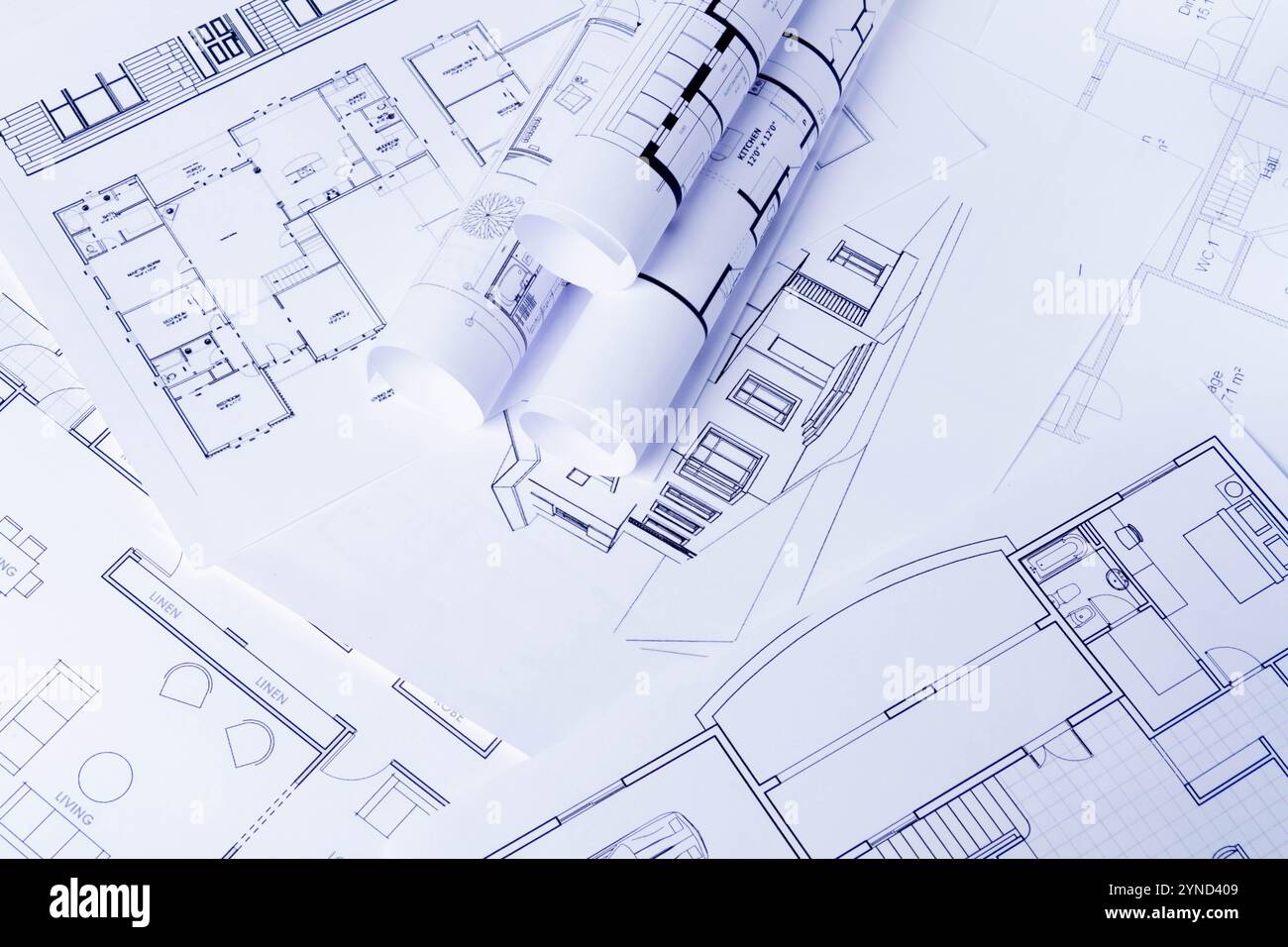 Construction plan. Scheme drawing rolled up in a roll. Home renovation ...