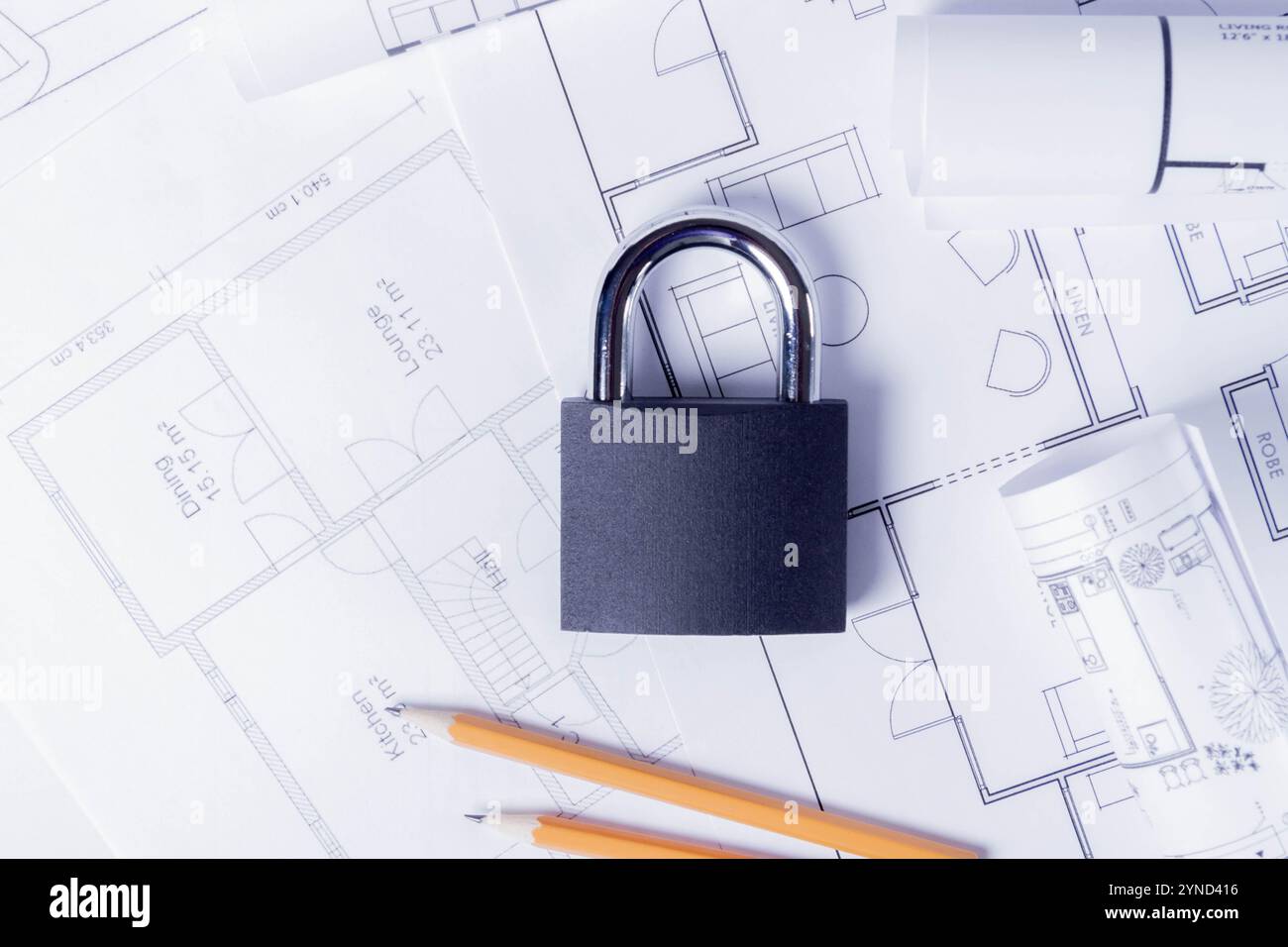 Construction ban. Door lock and house plan. Closing of construction ...