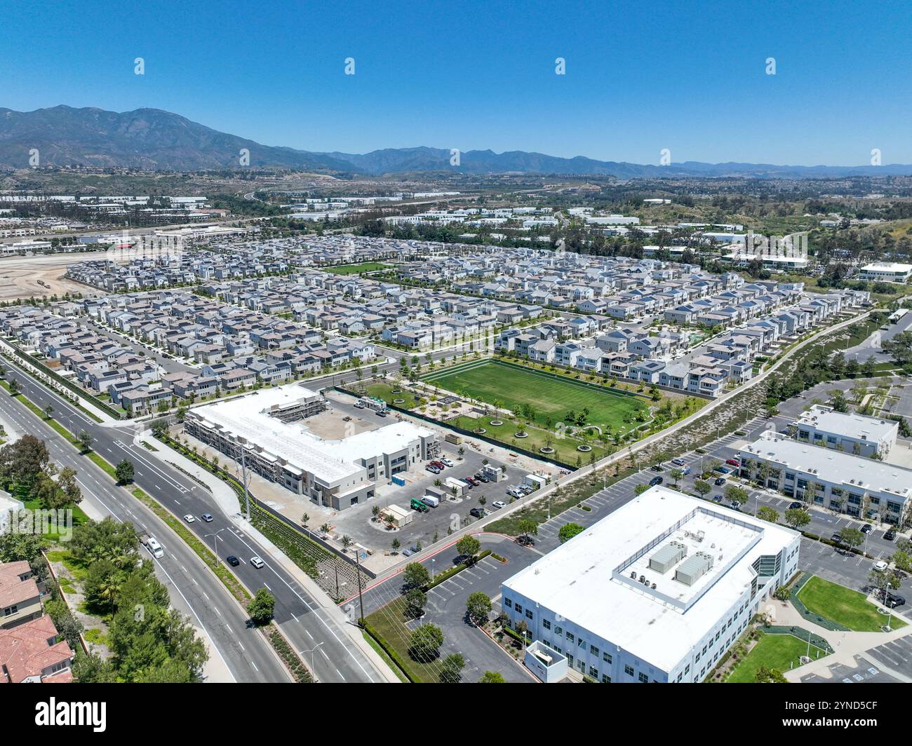 Aerial view of business park with mixed use facility service building ...
