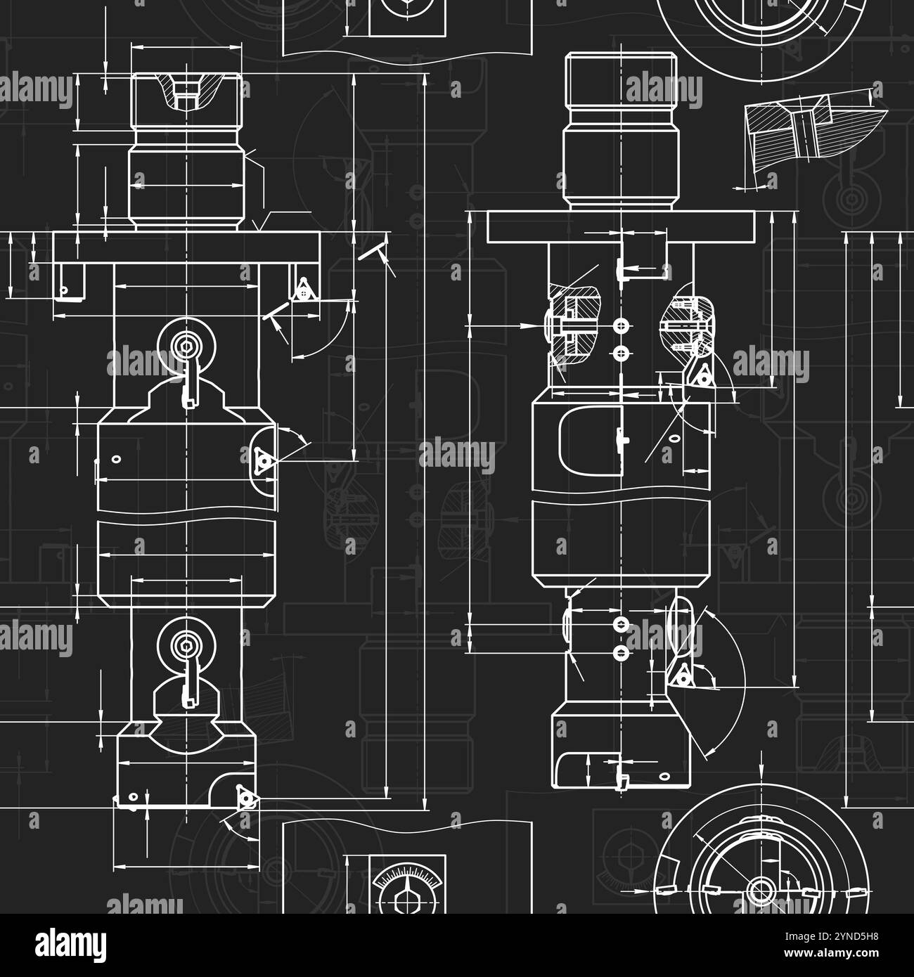 Mechanical engineering drawings on black background. Tap tools, borer ...