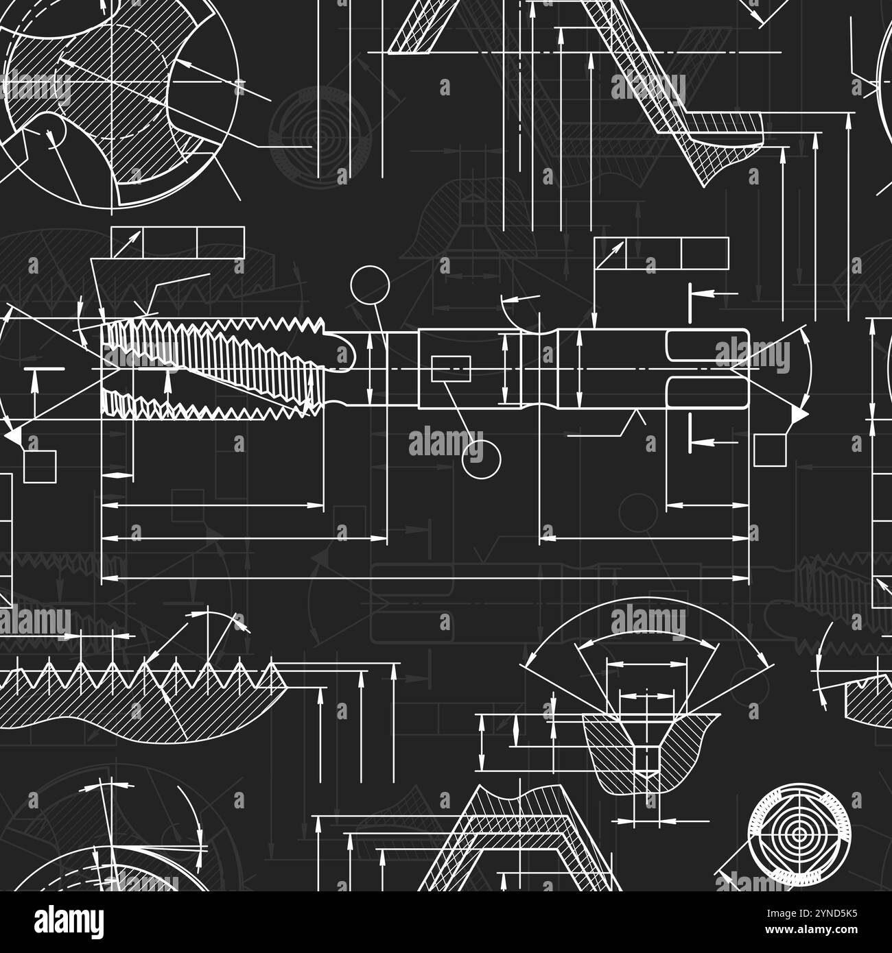 Mechanical engineering drawings on black background. Tap tools, borer ...