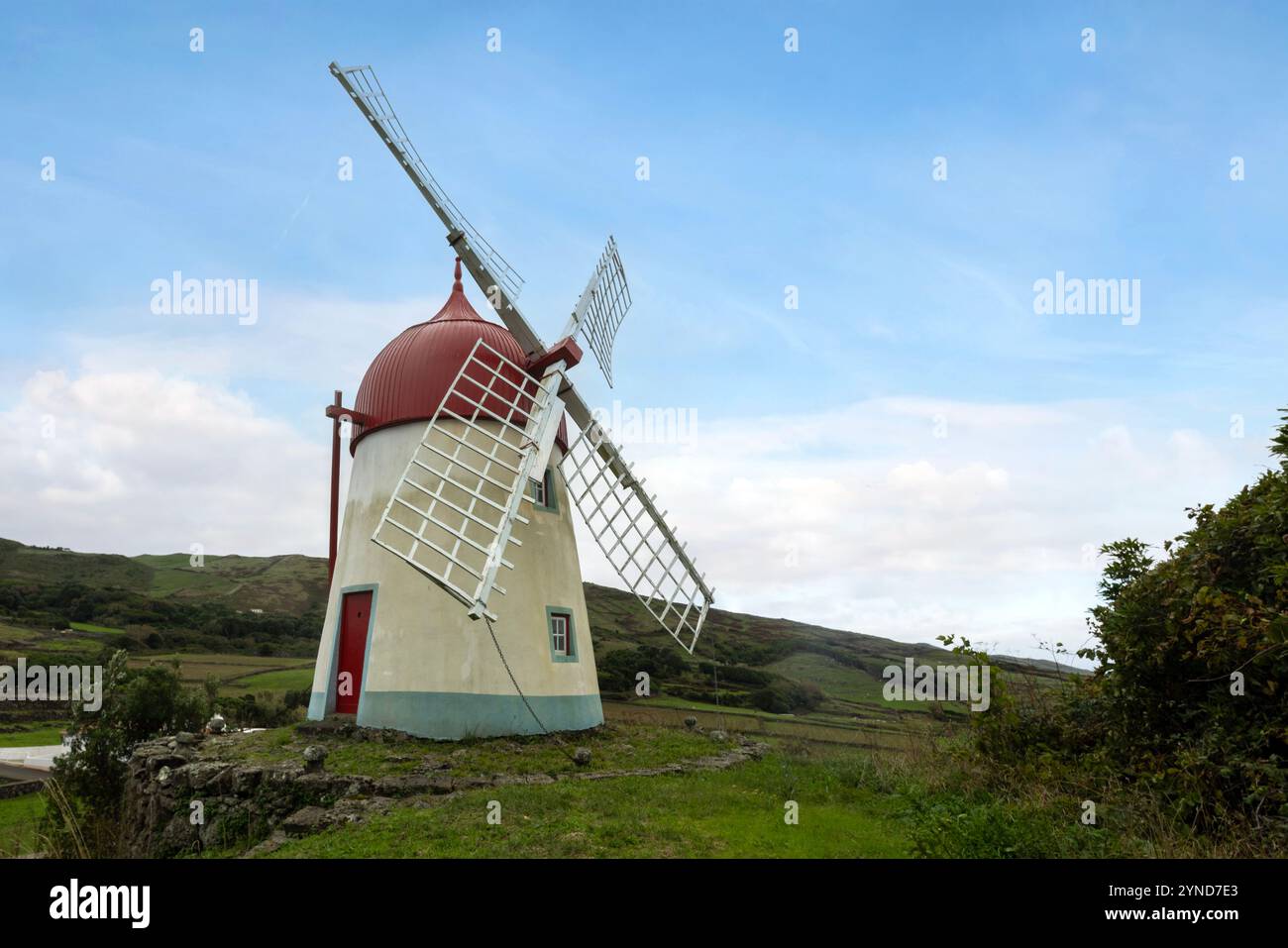 A traditional windmill in the village of Fontes, Graciosa Island ...