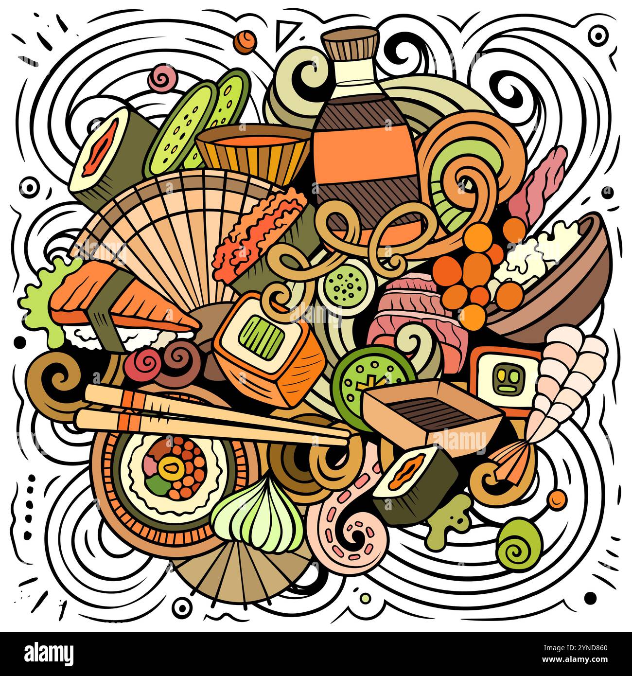 Cartoon vector Sushi doodle chalkboard illustration features a variety ...