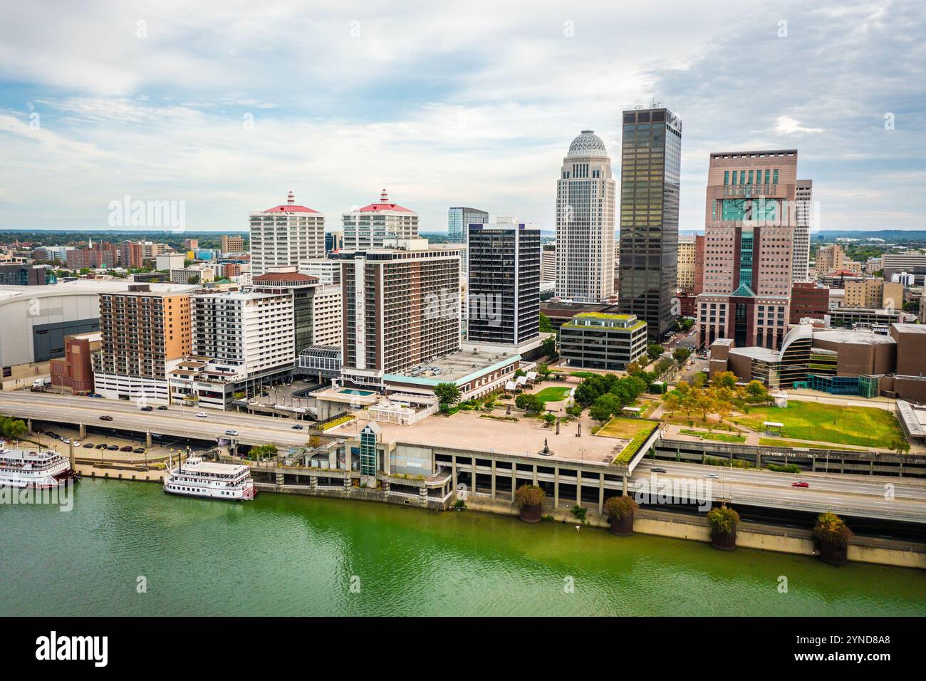 Aerial view of downtown Louisville, Kentucky from the Ohio River Stock ...