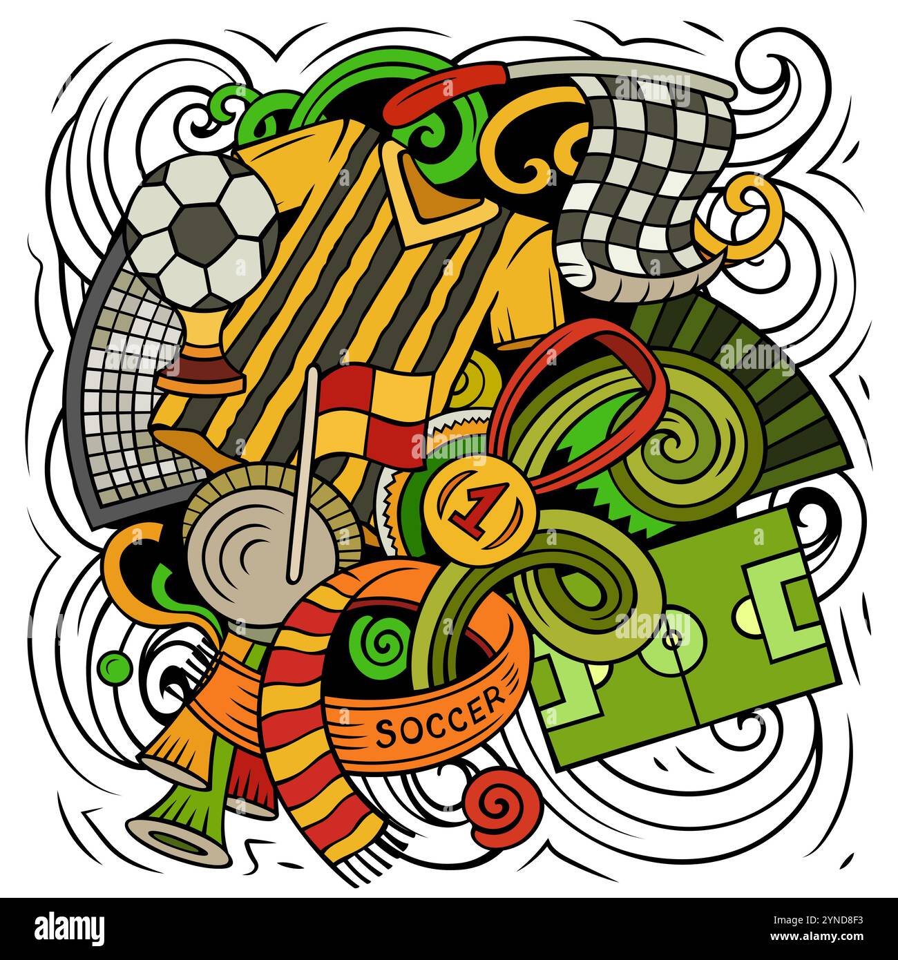 Cartoon vector doodles Football illustration. Colorful, detailed, with ...