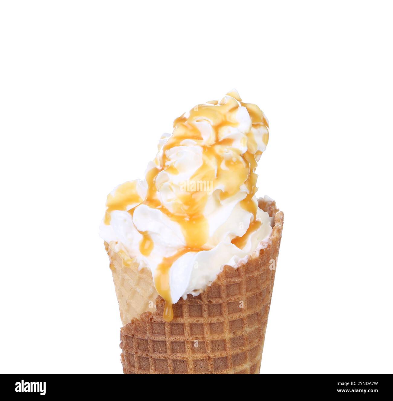 Soft serve ice cream. Topping caramel. White background Stock Photo - Alamy