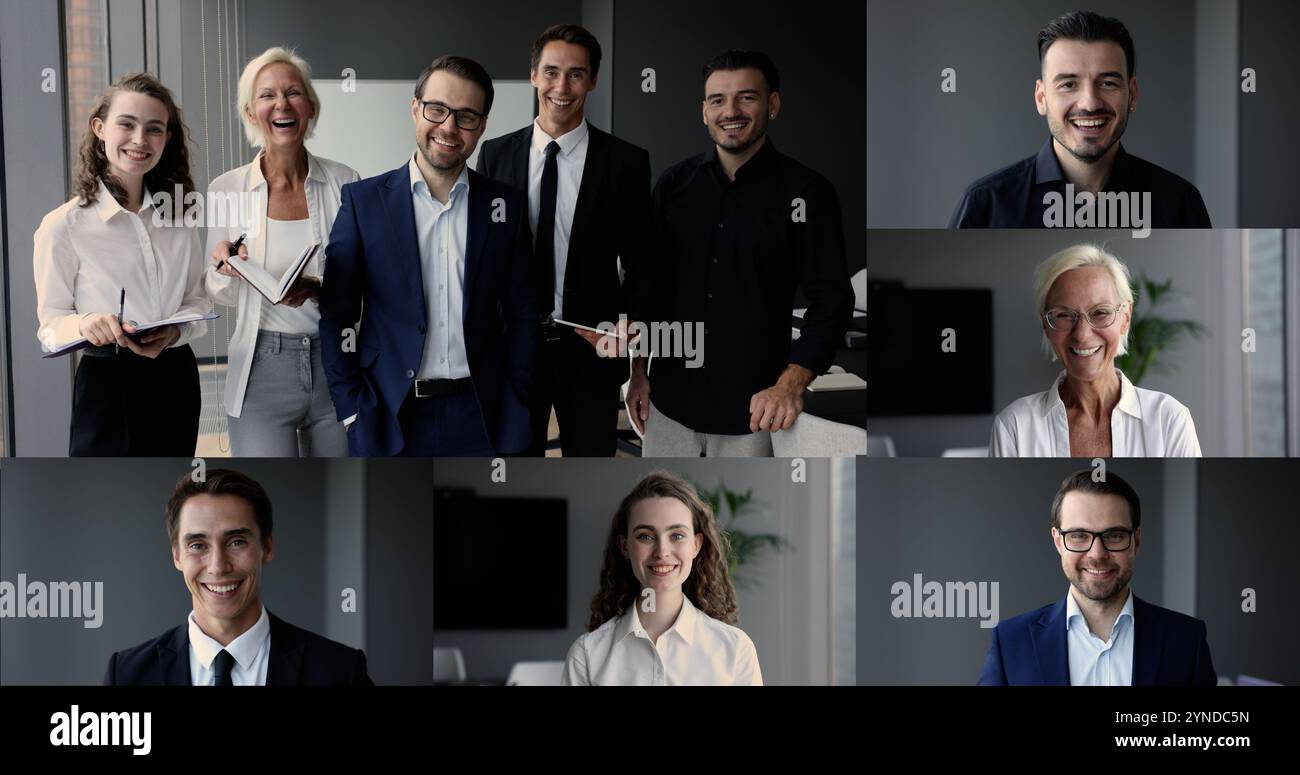 Successful team members posing for camera in office, collage view Stock ...