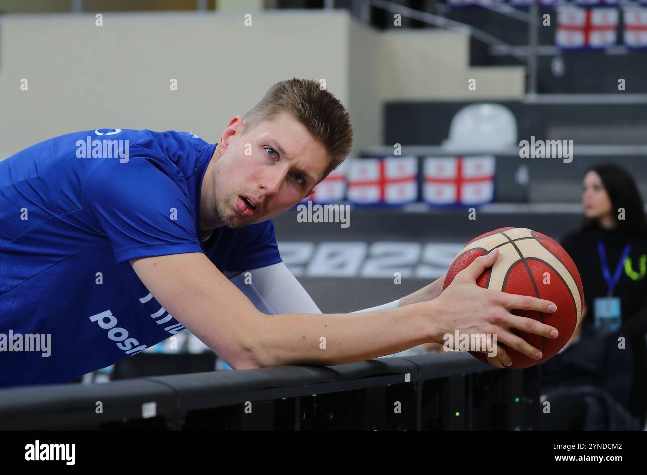 Alexander Madsen of Finland warms up before the FIBA EuroBasket 2025 ...
