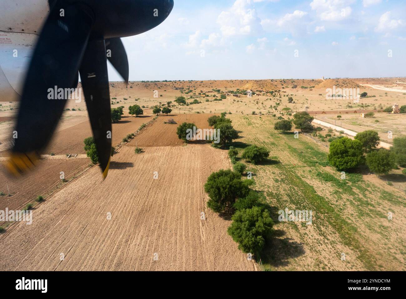 View of Thar desert from an aeroplane, Rajasthan, India. The propellers ...