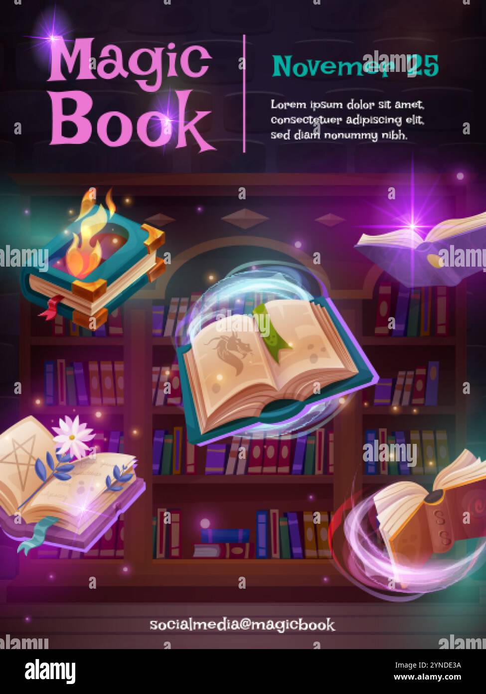 Flying magic books. Wizards school library with floating glowing ...