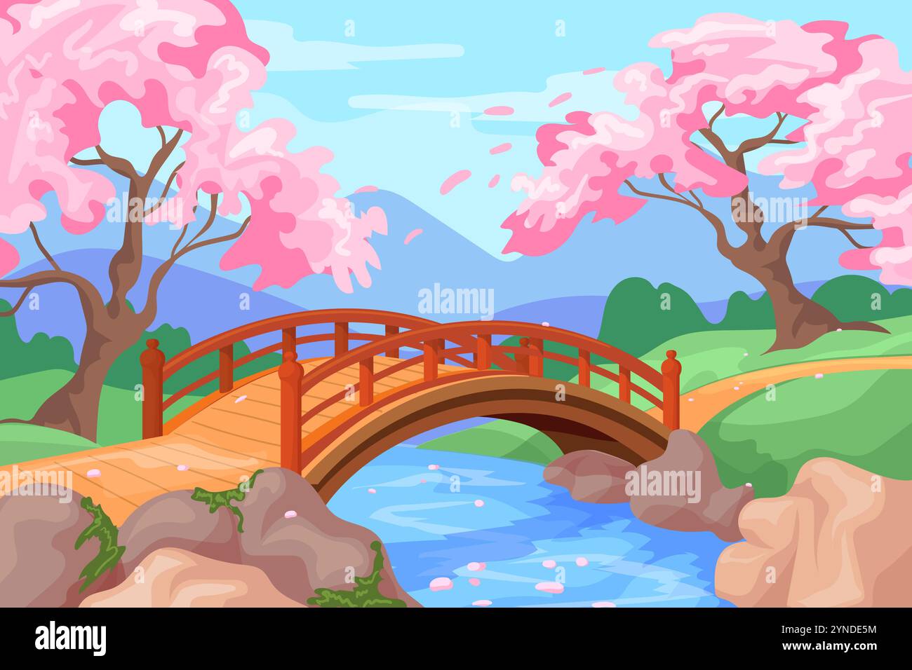 Sakura bridge. Japanese spring beautiful park with bloom cherry trees ...