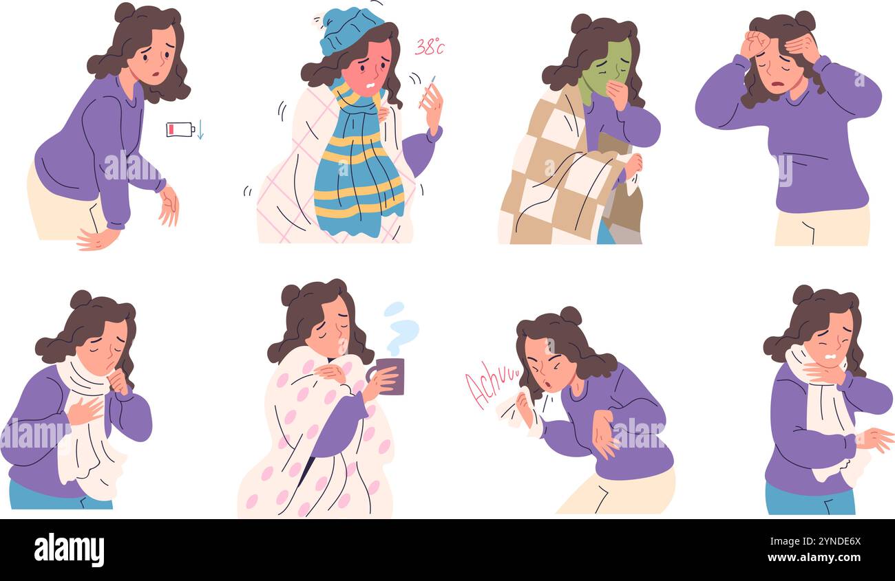 Woman cold symptoms. Cartoon unwell flu girl sickness symptom, sneeze ...