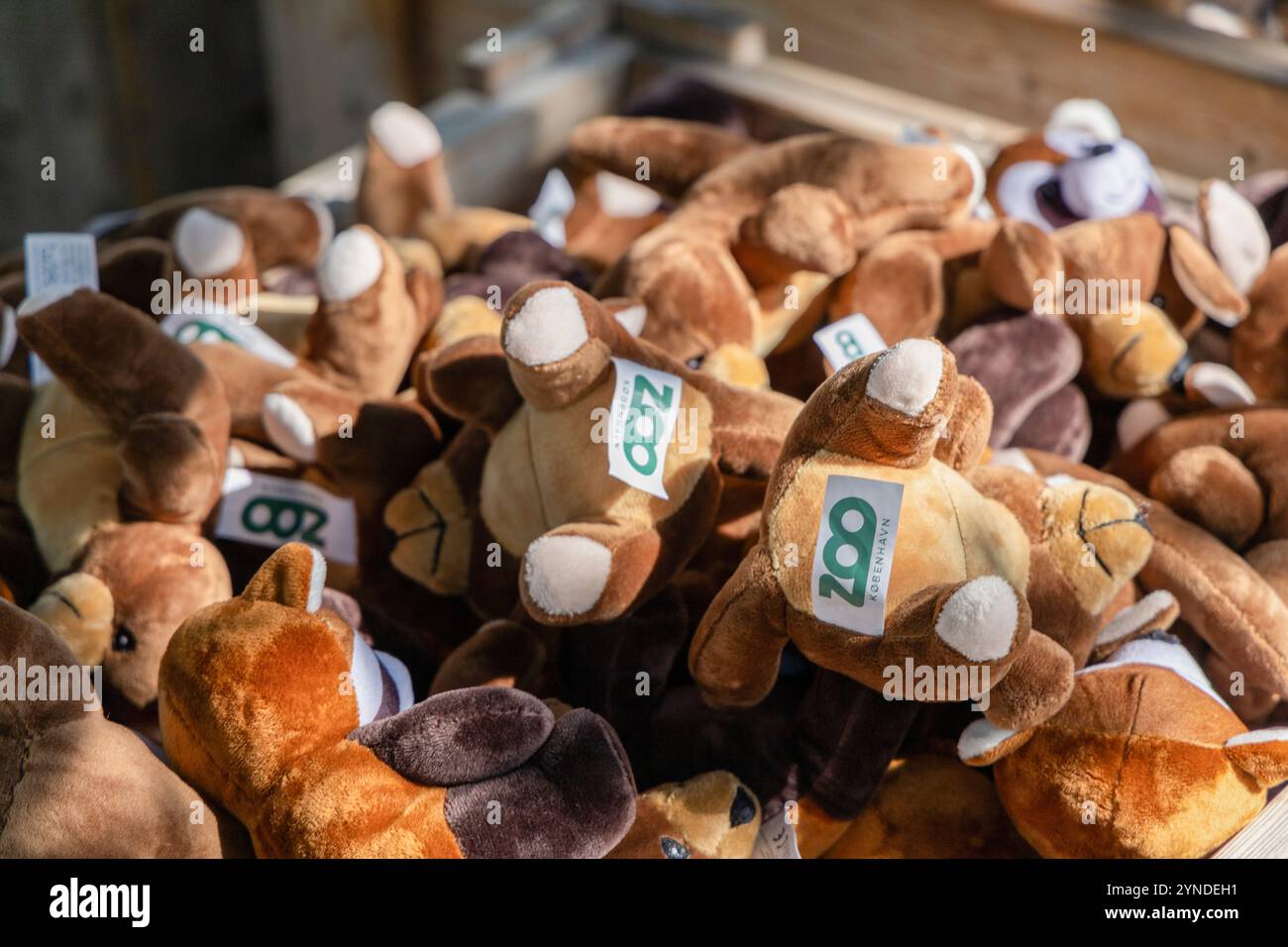 Soft toys souvenir from the zoo. Pile of soft bears. Copenhagen ...