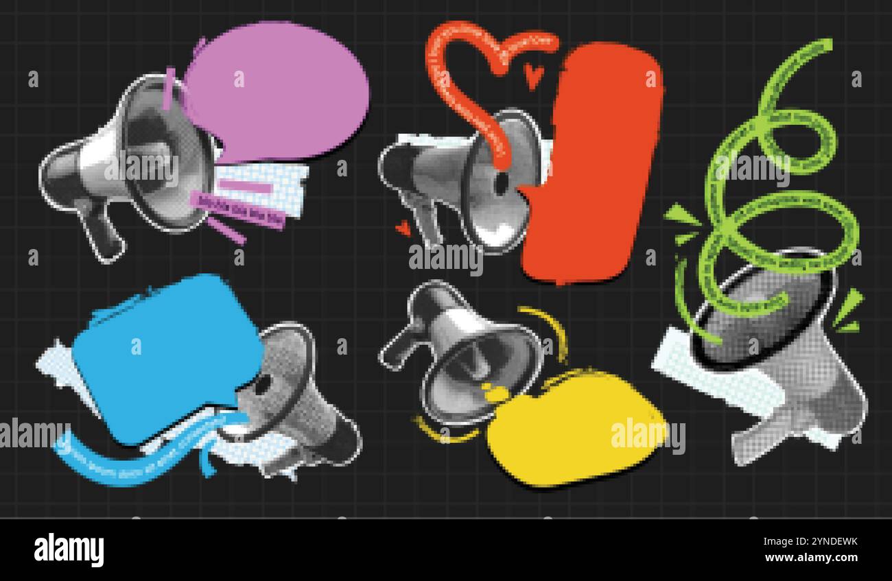 Halftone loudspeaker message. Loudspeakers with speech bubbles retro ...