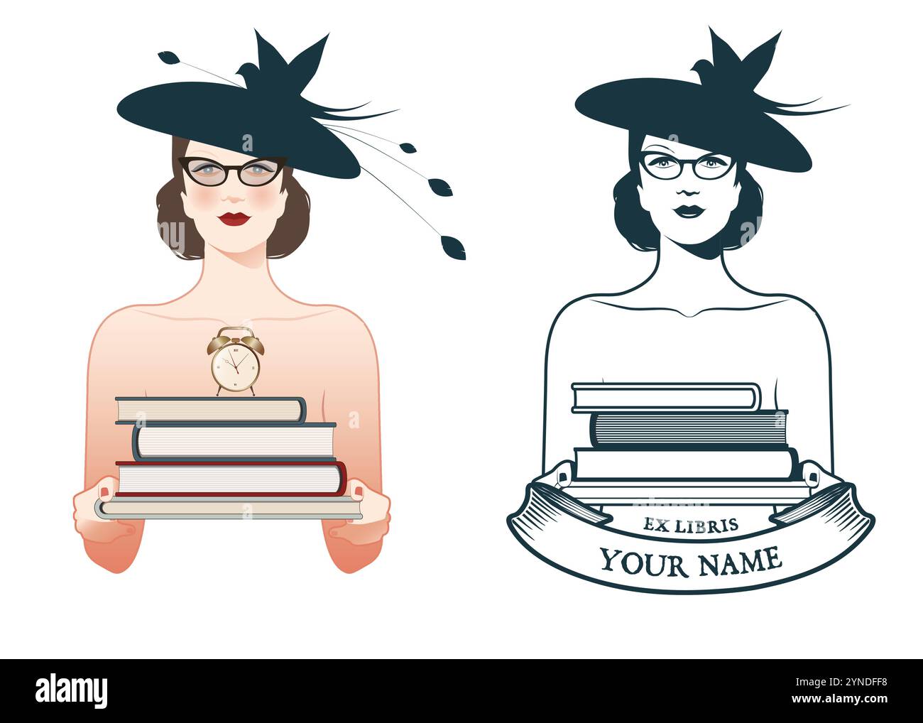 Beautiful pinup girl wearing glasses and retro hat holding a pile of ...