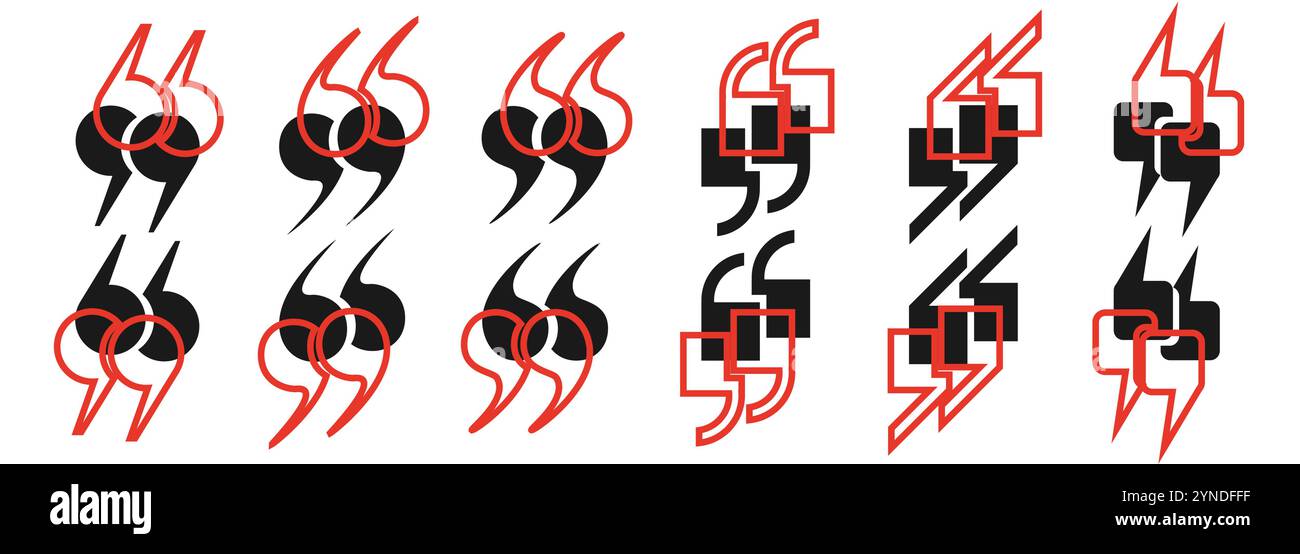 A set of black quotation marks and red quotation mark outlines on a ...