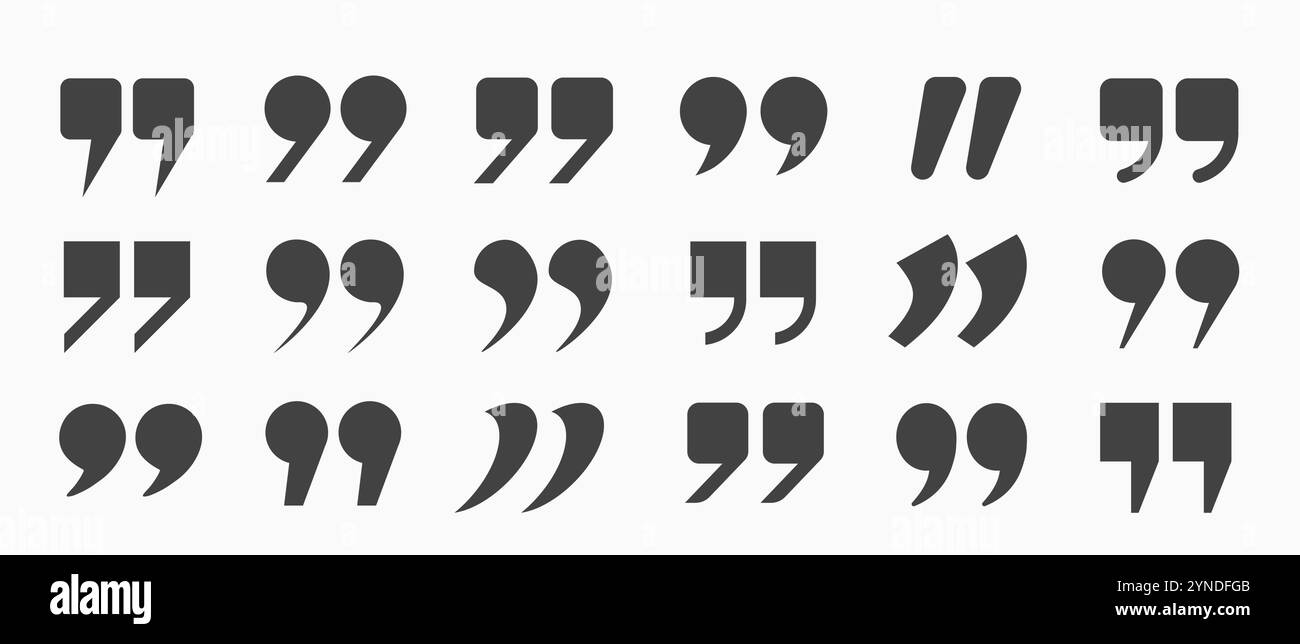 A set of dark gray quotation marks of different shapes on a white ...