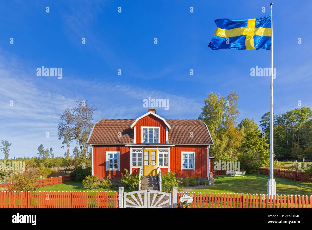 Katthult, red wooden farm house with fence from Astrid Lindgren's tales ...